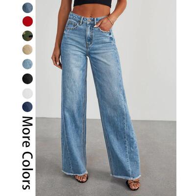 Womens casual baggy high waisted stretch denim pants wide