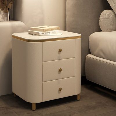 实木岩板床头柜轻奢卧室简约现代高级感意式极简奶油风三抽斗柜