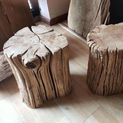 老木头风化木原木木墩座椅民俗老物件自然风化裂纹自然木头凳子