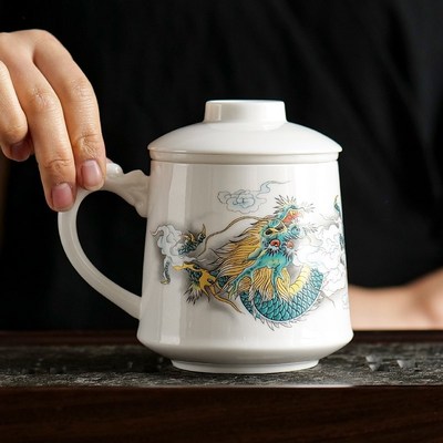 龙年陶瓷带盖茶水分离茶杯家用大容量中国风轻奢办公室个人泡茶杯