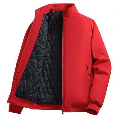 Men's Casual Red Quilted Cotton Jacket Stand Collar Full