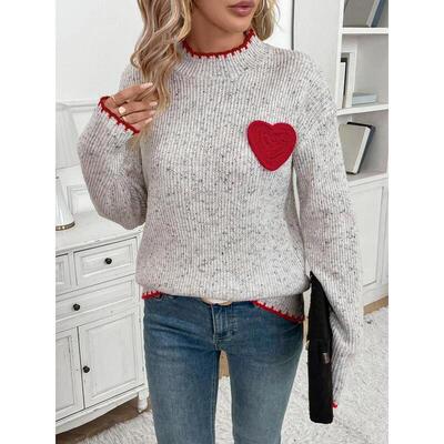 Women's Heart Print Drop Shoulder Sweater Casual Long