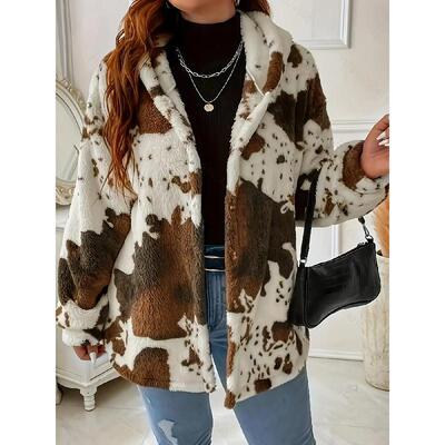Women's Cow Print Hooded Jacket Brown White Plush Coat Non