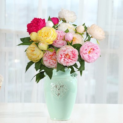 仿真花芍药三头长枝牡丹白色玫红色假花绢花插花客厅餐桌拍摄道具