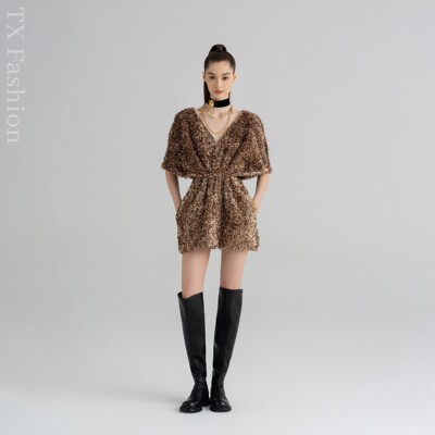 同选全亮片纱线V领收腰连体裙