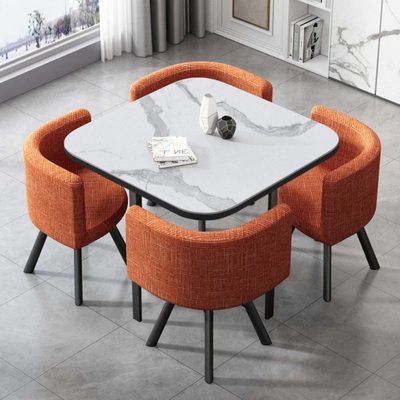 可收纳省空间岩板餐桌家用小户型饭桌商店洽谈桌椅组合接待方圆桌