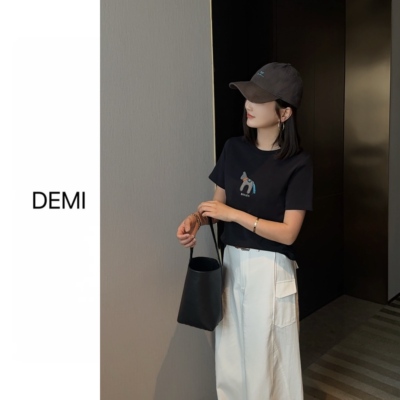 MISS RUILI定制 春季新款显瘦修身简约百搭小马潮流短袖T恤F1826