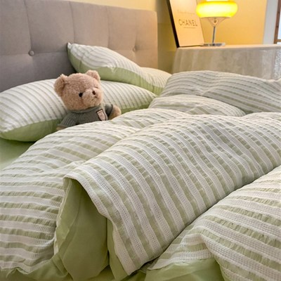 ins色织水洗棉绿色条纹床上四件套简约被套床单床笠学生宿舍三件