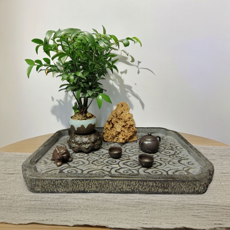 青浅整石祥云石盆茶台底座上水石假盆石头花山旱景微景观托盘