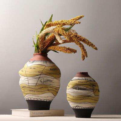 艺现代酒店装NVB饰花瓶意创手绘术感陶瓷花器售楼部民宿抽象摆陶