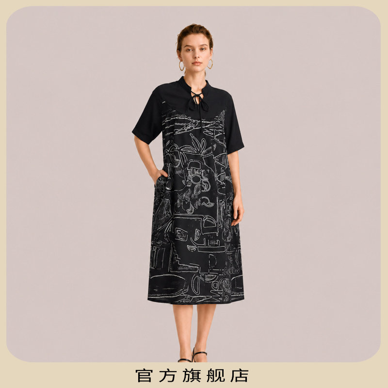 【KLOVA】新款夏季女时尚气质风黑白艺术印花连衣裙LW6773(UN)
