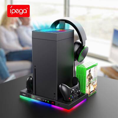 XboxSeriesX主机智能温控底座+置顶散热风扇带RGB灯碟片收纳架