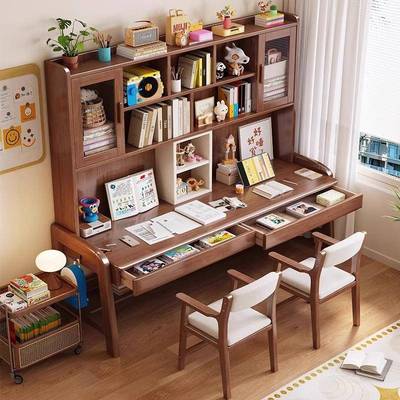 实木双人书写桌家用学儿童学电习桌卧室中小MLT生字桌带书架简约