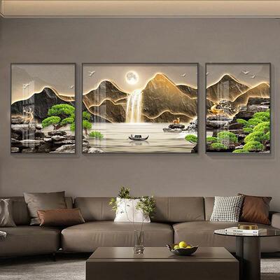 水山画靠山图新中式JJ903545客厅饰字画横款大气发背景装墙画沙办