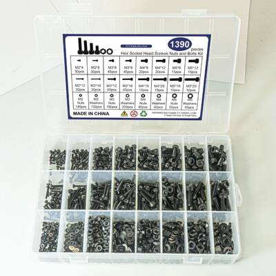 1390pcs发黑12.9级圆柱头内六角配平垫螺母套装杯头螺丝盒装