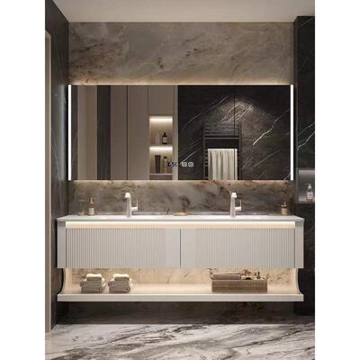 现岩热弯一体双盆浴室代柜组合橡烤板232漆木卫生间洗手脸洗漱台