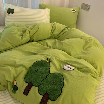 K5绿色发财毛树巾绣被套水洗棉hk6eDHs3床单床宿笠舍三件套四件1