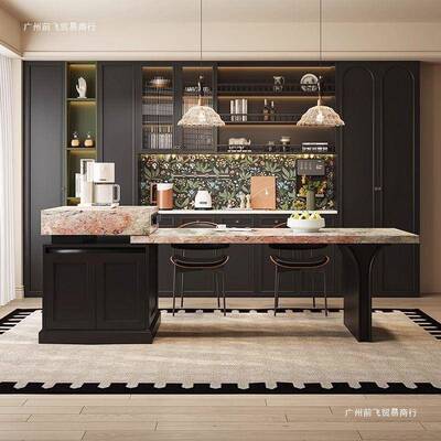 式复体古767粉绿岩板岛物台餐桌一多功能法储物可伸缩储中导台桌