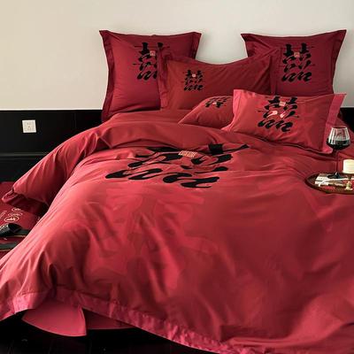 轻奢四大纯红字色结婚床上用品件套婚CPQ庆100S全棉棉中式囍喜庆