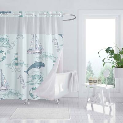 24浴年帘双层断印花浴帘干湿分离开口大扣隔l帘防水防87348霉浴室