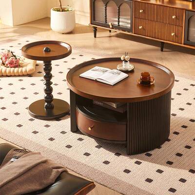 法式复古低茶几边几酒厅组合中古风客实木圆几民宿店圆ZLT高形小