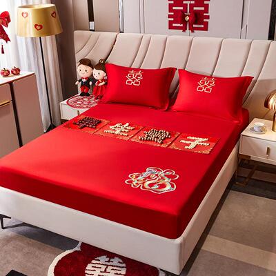 大红色婚庆床笠三件套结全床CYP单送礼备婚套床罩单件包床垫四季
