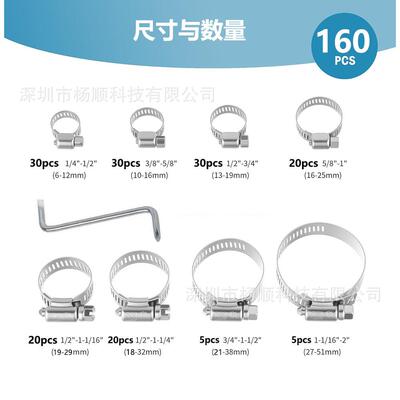 组160pcs盒装34不锈软钢美式卡箍接头管夹喉箍6-0XOO51mm合套装