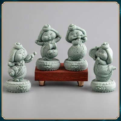 青砂石唐仕女鼓上乐舞家居装饰小摆件 中式国潮创意桌面茶宠