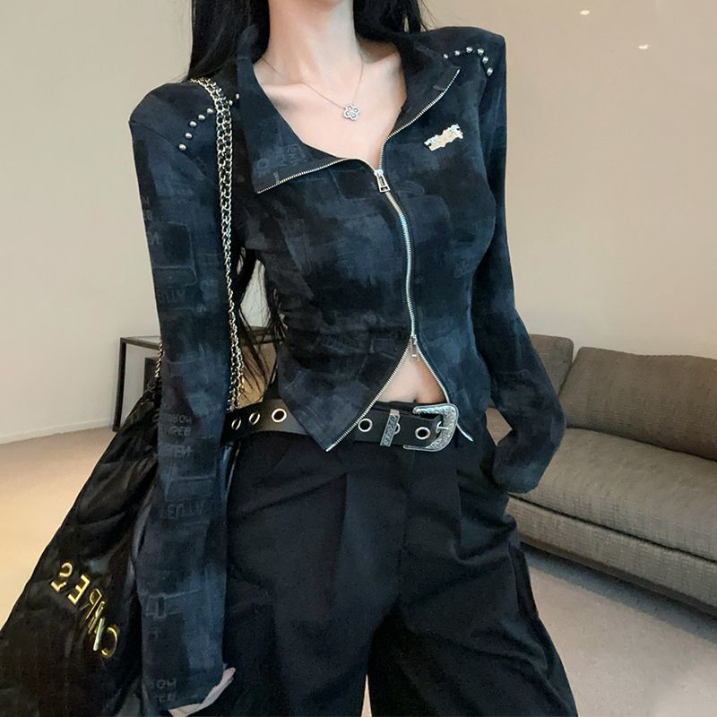 美式复古辣妹小众扎染立领长袖开衫短外套女甜酷飒铆钉双拉链上衣