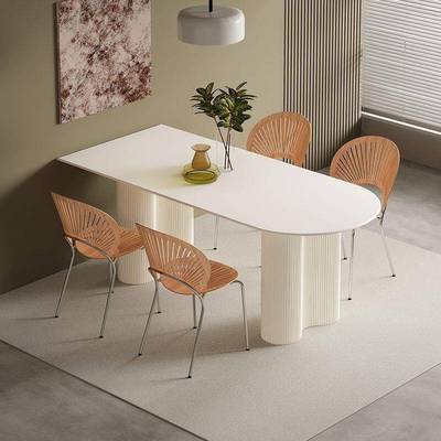 HNT小法椅式奶油风岩板餐桌组合现代简约家用户型半靠墙纯圆白吃