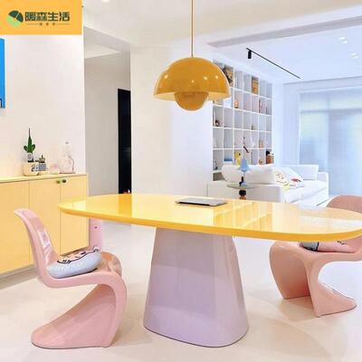 纯实木奶油风烤漆餐小桌户型饭桌多巴胺TMO格设风计师奢家用简轻