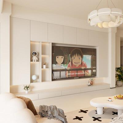 奶油白现代简约客厅电段视柜组合地实木欧松LQW板储物式柜分式家