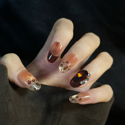 轻奢手工甲猫眼豹纹水钻法式