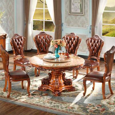 欧式格天然大理石桌形全实木圆餐桌带转盘餐圆桌椅风组合18033#.3
