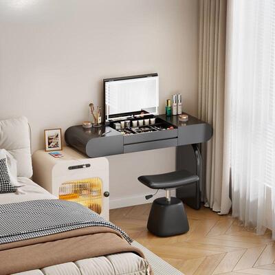 奶油风梳妆台型收纳柜一体轻奢妆翻盖台款法式现代小IHJ户梳妆新