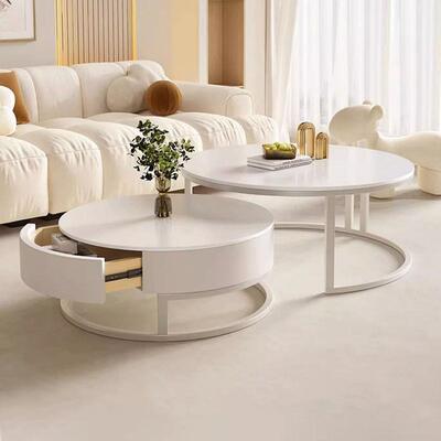 zsr奶油风岩板茶几客厅家用小户型简约现代小茶几轻奢网红圆形茶