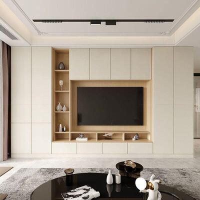 实HXV木电视柜背景墙收柜一体组合整代体客厅现约满简墙纳储物柜