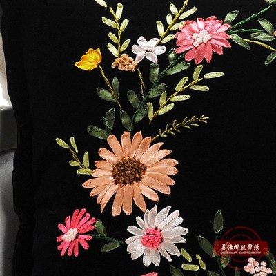 丝带绣新款抱忱黑色绒布花卉方枕单装无枕芯非十字绣金色年华包邮