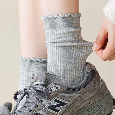 女士春秋季纯棉透气堆堆袜女款纯色花边蕾丝全棉吸汗防臭中筒袜子