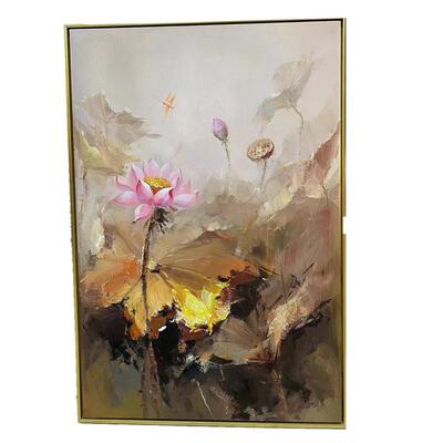 纯手绘象印派新荷中式油画花玄关装饰画走NZL02211廊过道竖挂版画