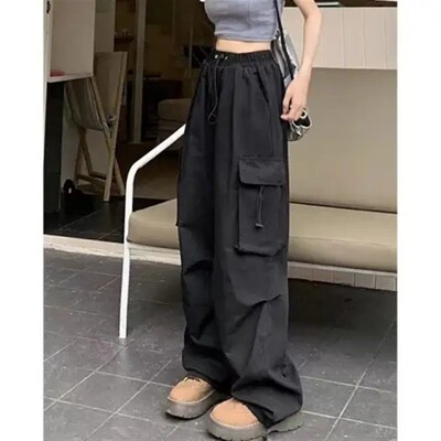 美式复古黑色阔腿工装裤女大码胖mm高腰宽松直筒抽绳束脚休闲裤子