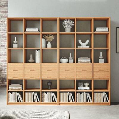 全实木松展木书架落地客厅玄格关柜一体墙74735示架靠多层子书柜