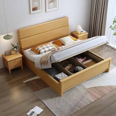 全实木物榉木床简约1.8m中小户型现主卧67705双人代床实木高箱储