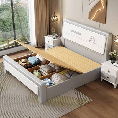 奢奶油静音榫卯全实木现代轻简约白色家用主人XIH卧双床气压储床