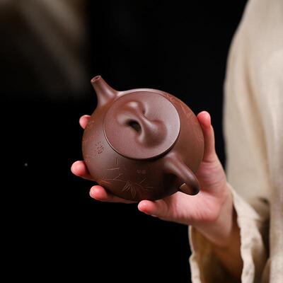 厂家宜兴手原矿紫砂壶手工全刻绘紫泥景MQE舟瓢家用茶壶茶石制具