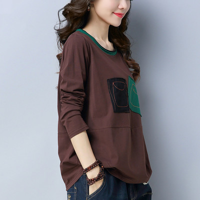 纯棉长袖t恤女 2021春秋装新款中年妈妈宽松加大码上衣洋气打底衫