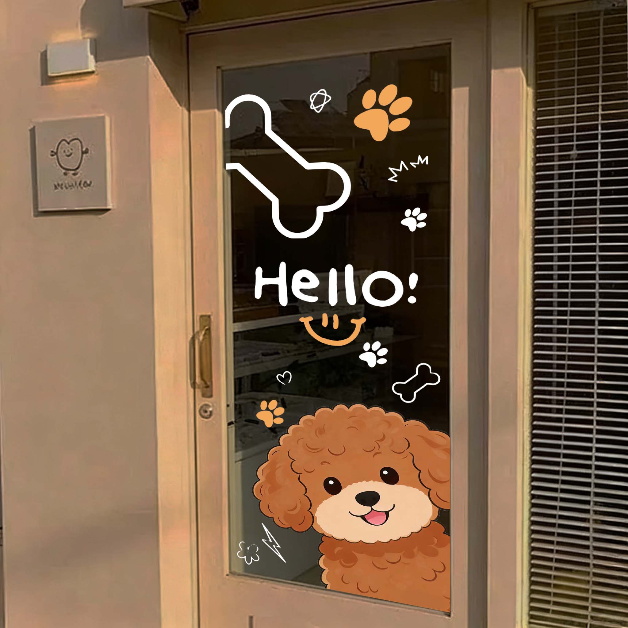 卡通猫狗推拉门贴纸美化氛围装饰店铺橱窗玻璃门宠物店猫咖静电贴