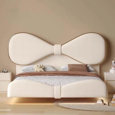 儿童床女孩主床奶油HLO风悬床浮简约公代实木现床房间卧室蝴蝶结