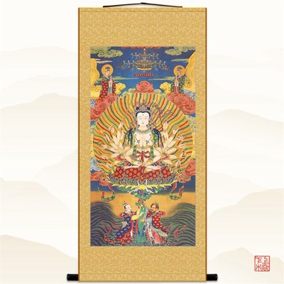 明清古画版 准提佛母菩萨观世音挂图人物画 复古绢布卷轴挂画定制