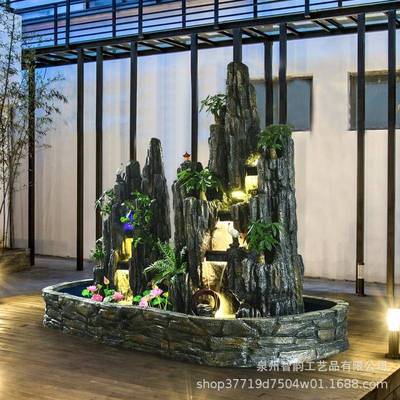 大型假喷泉鱼流水池件别80946墅庭院落地招财山办公室风水造景摆